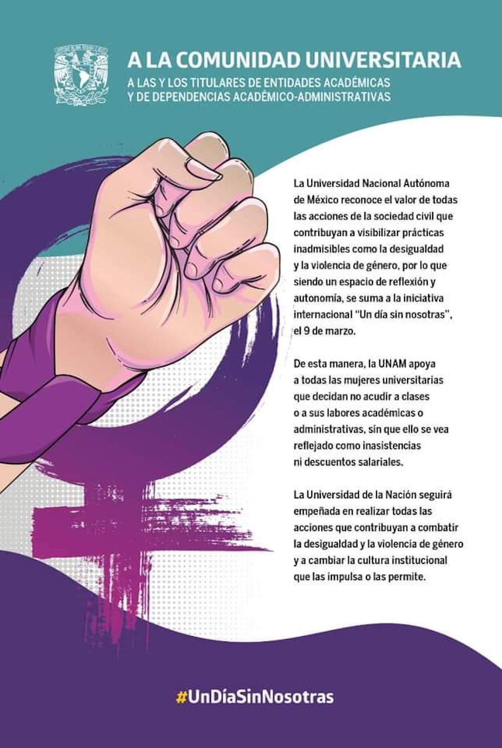 #UnDíaSinNosotras: La UNAM se suma al paro nacional de mujeres