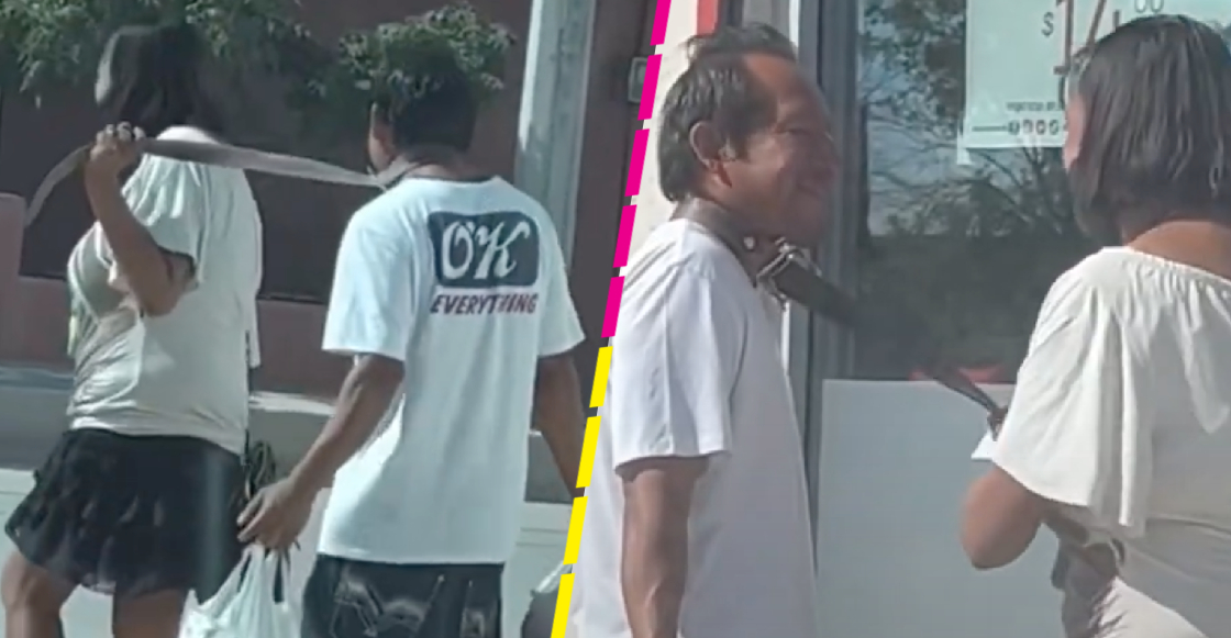 Mujer amarra a su pareja con un cinturón y lo pasea por las calles