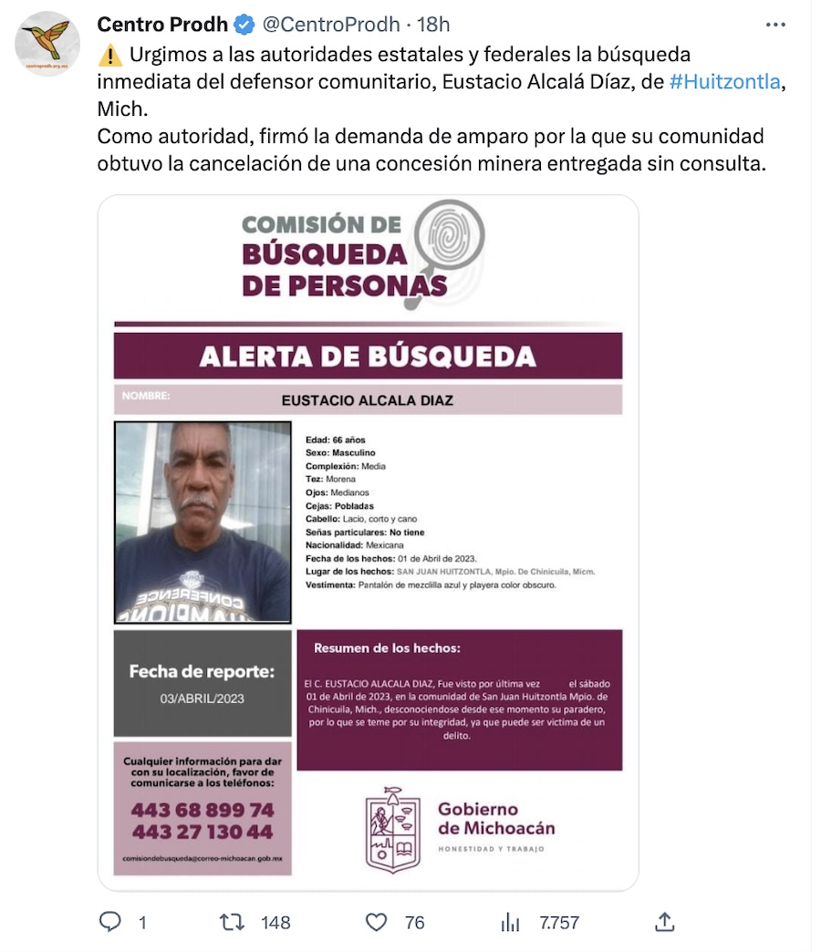 Asesinan Eustacio Alcalá, defensor comunitario en Michoacán
