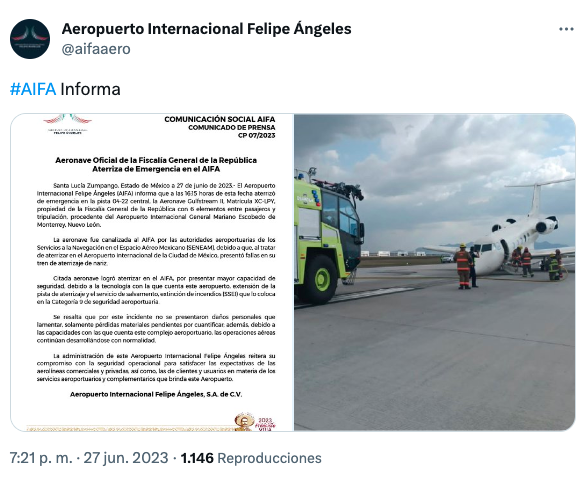 Una aeronave de la FGR aterrizó de emergencia en el AIFA