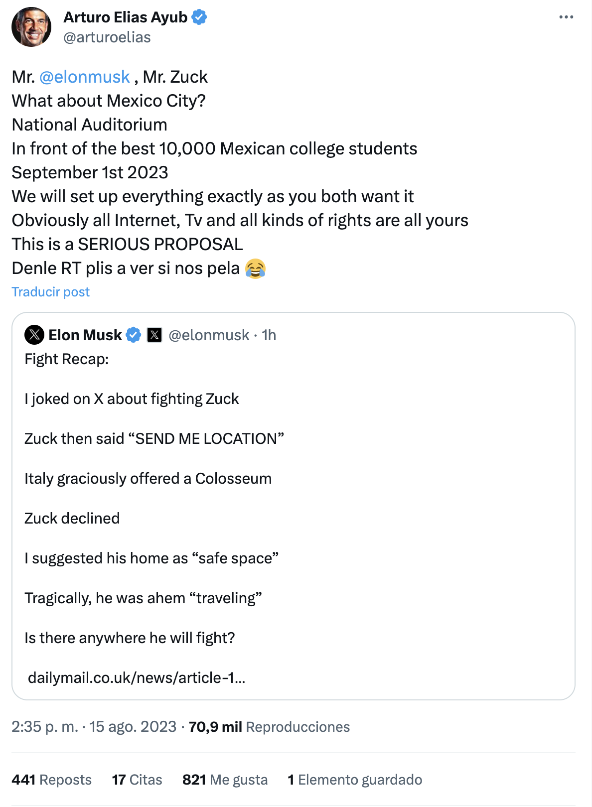 ¿Pelea de Elon Musk vs Mark Zuckerberg en el Auditorio Nacional?