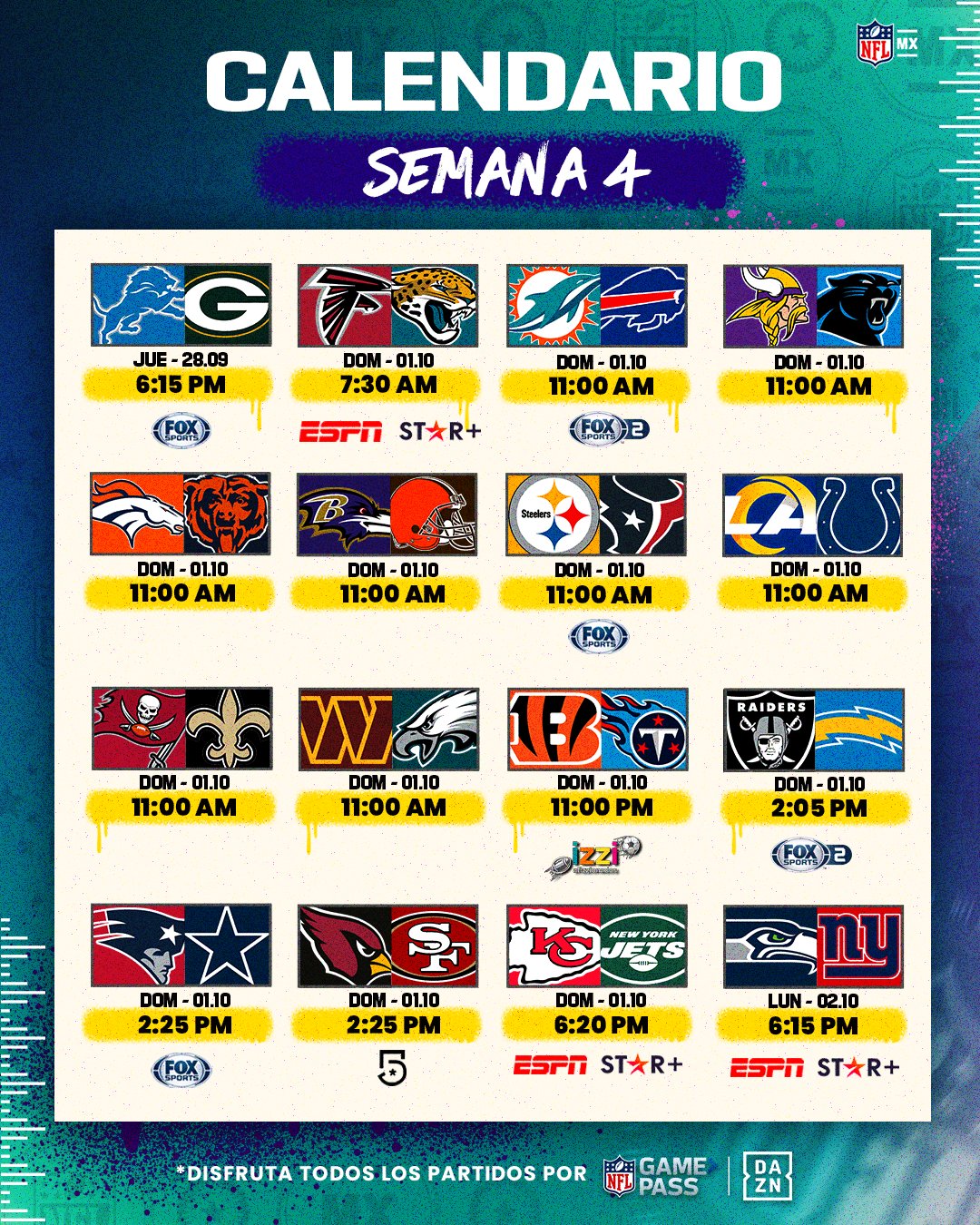 La guía para ver en vivo la semana 4 de la NFL
