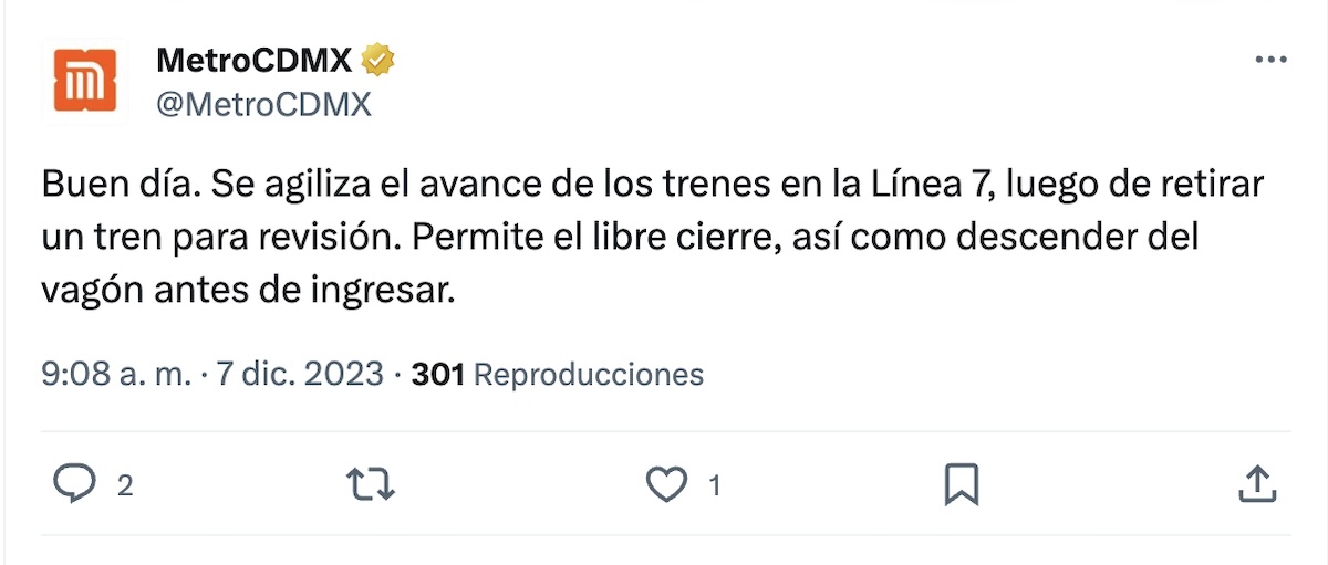 Otra vez 7 minutos de espera por un tren en la Línea 7 del Metro CDMX