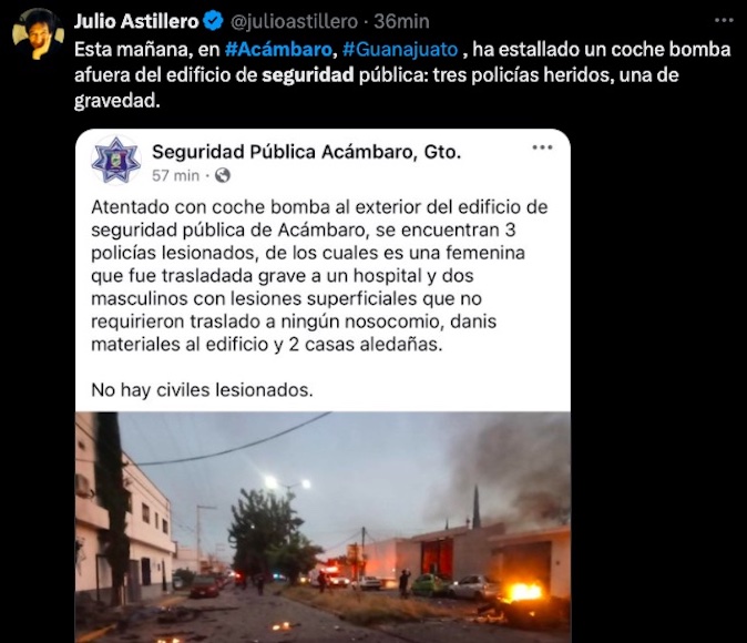 Un día en México: Explotan coches bomba en Acámbaro y Jerécuaro, Guanajuato