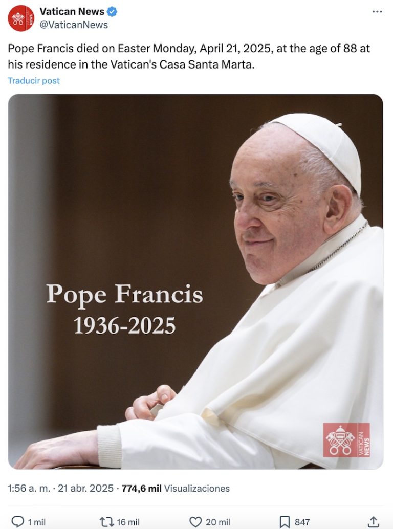 Muere el Papa Francisco a los 88 años