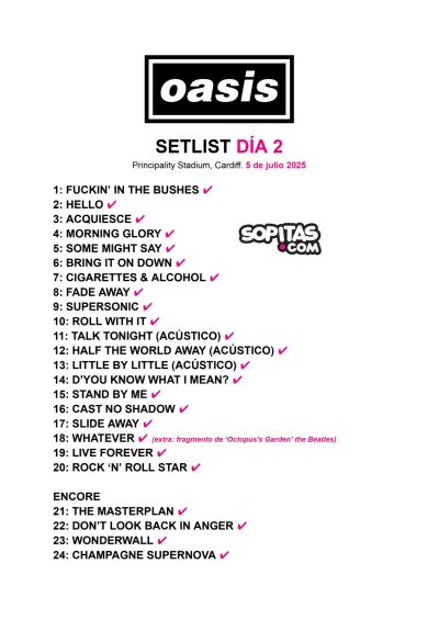 Oasis 2025: Setlist completo del segundo concierto en Cardiff