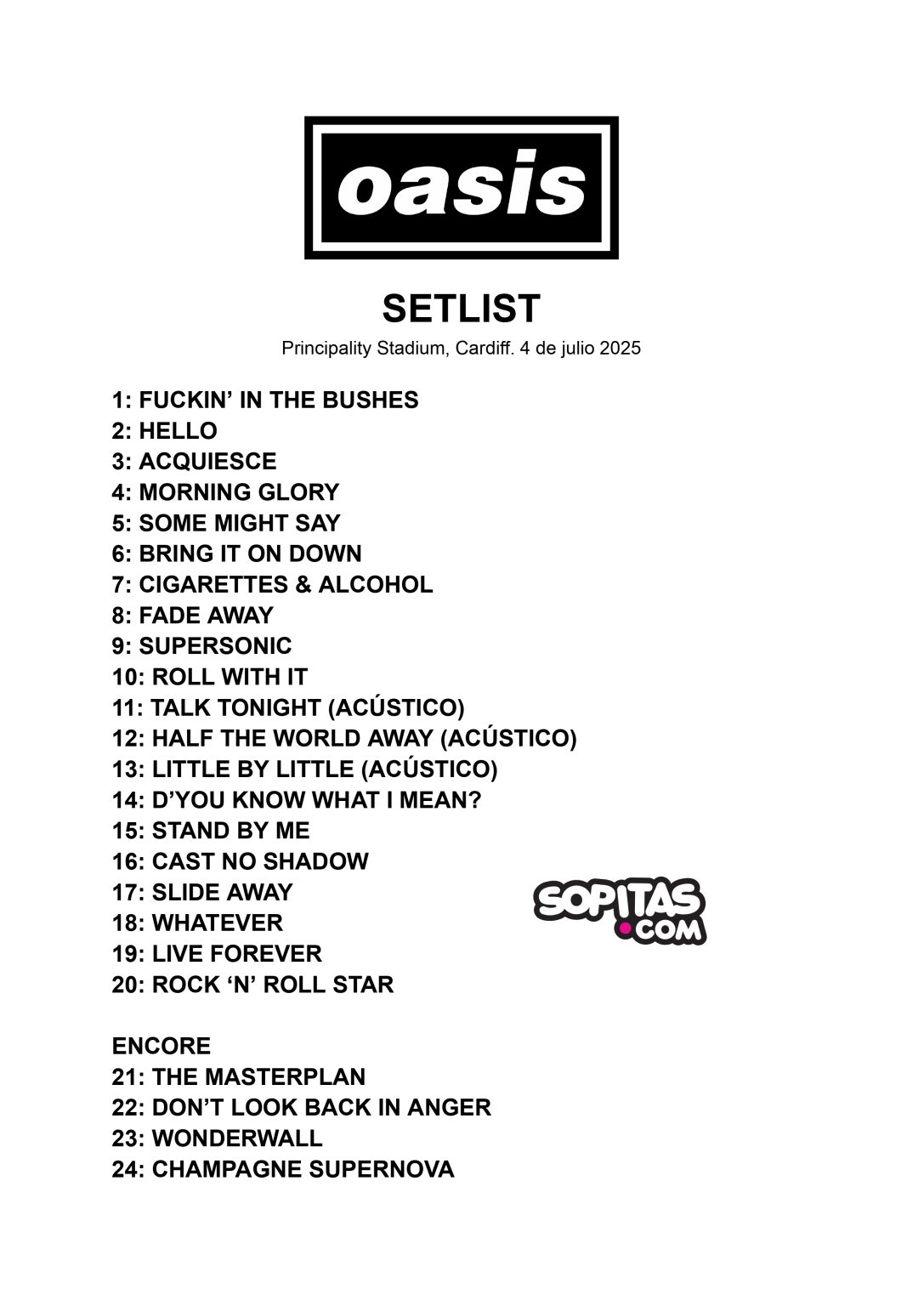 Oasis 2025: Setlist completo del primer concierto en Cardiff
