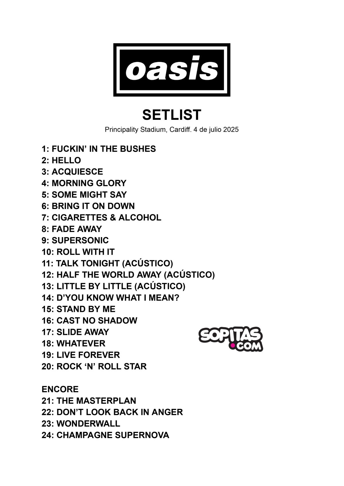 Oasis 2025: Setlist completo del primer concierto en Cardiff