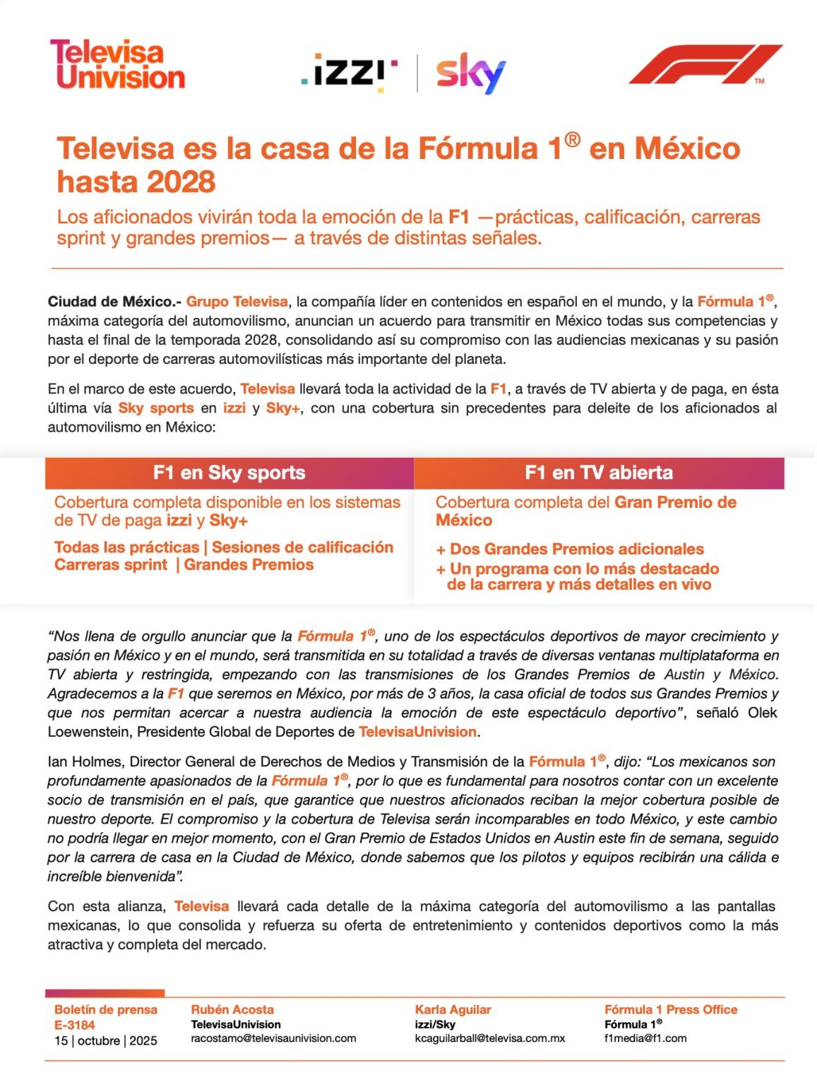 Televisa transmitirá F1 en televisión abierta y F1TV seguirá en México